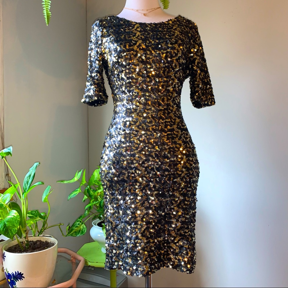 Gianni Bini Fully Sequined Black Gold Mix Mini Dress … - Gem